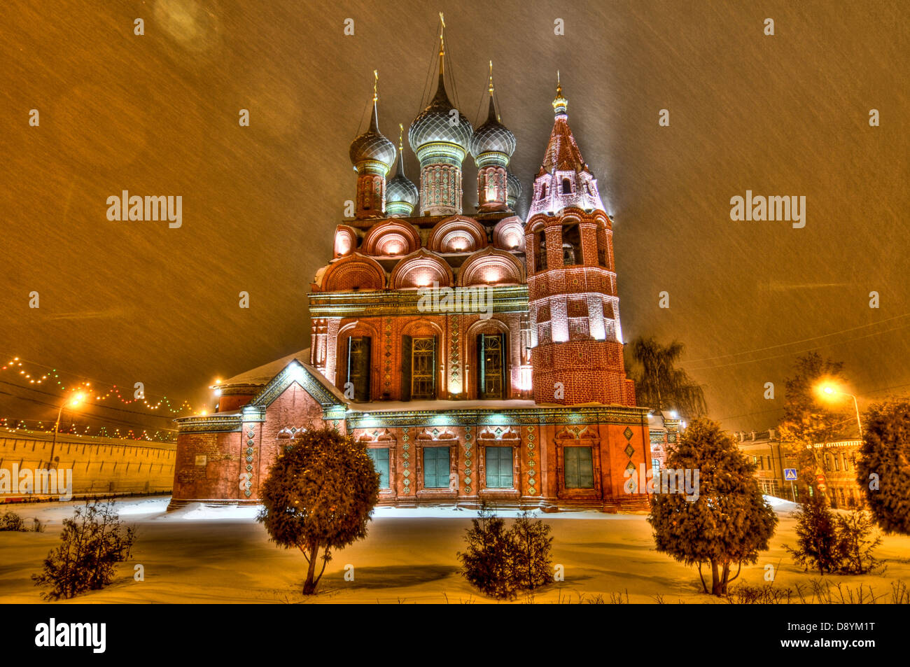 Medieval Epiphany Church in Yaroslavl during a winter storm at night ...