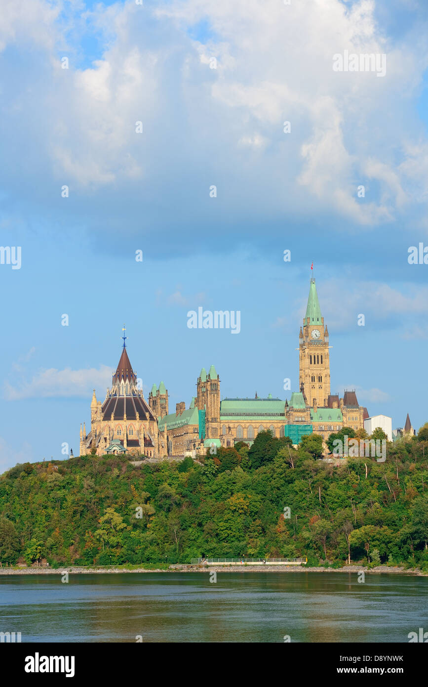 Ottawa cityscape in the day over river with historical architecture ...