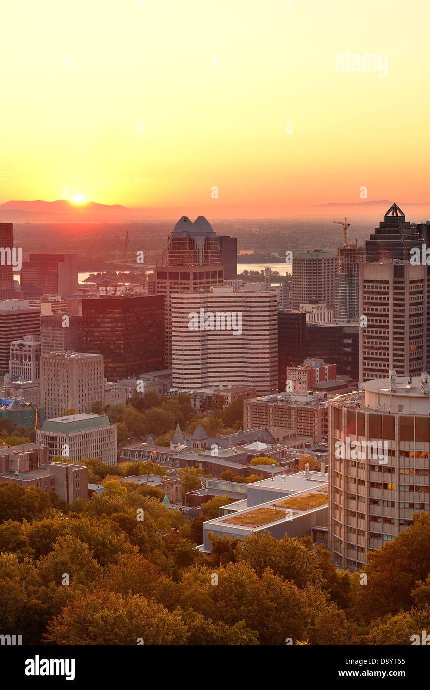 Montreal sunrise silhouette viewed from Mont Royal with city skyline in ...