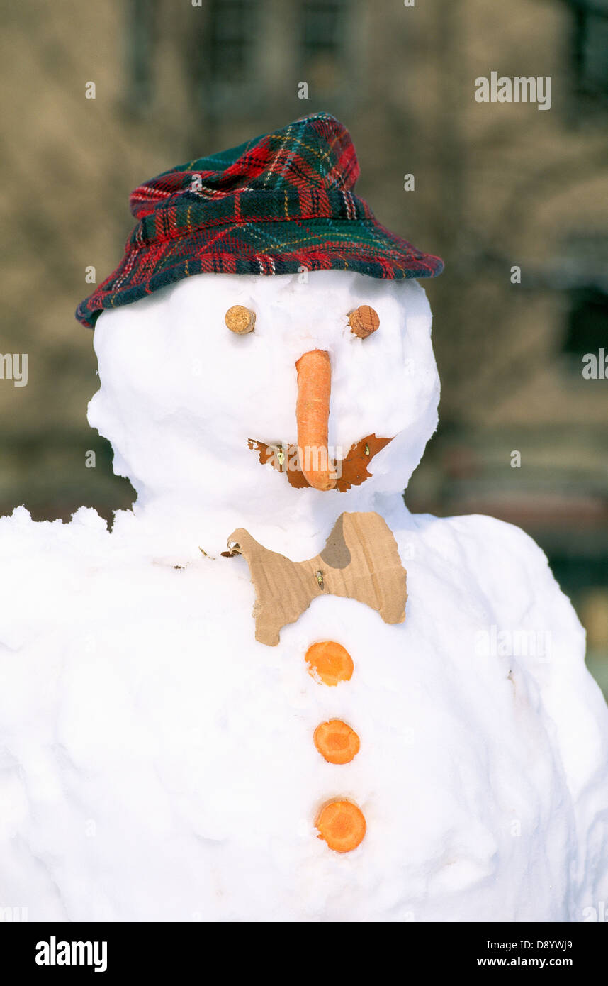 A snowman wearing a hat and a bow tie Stock Photo - Alamy