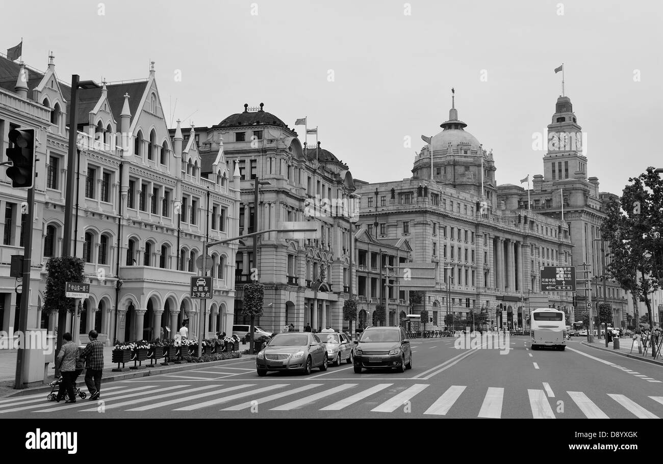 Old buildings and street view in Waitan of Shanghai in black and white ...