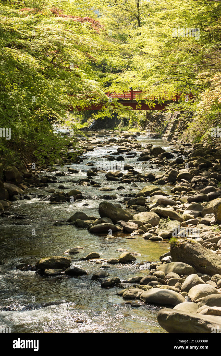 Red bridge over a lake in spring time Stock Photo - Alamy
