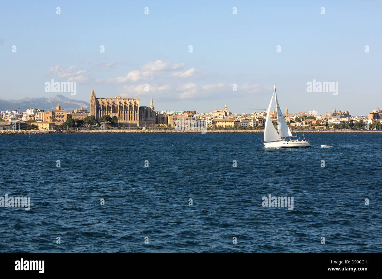 Sailing yacht returning to port / marina past Palma historic gothic ...