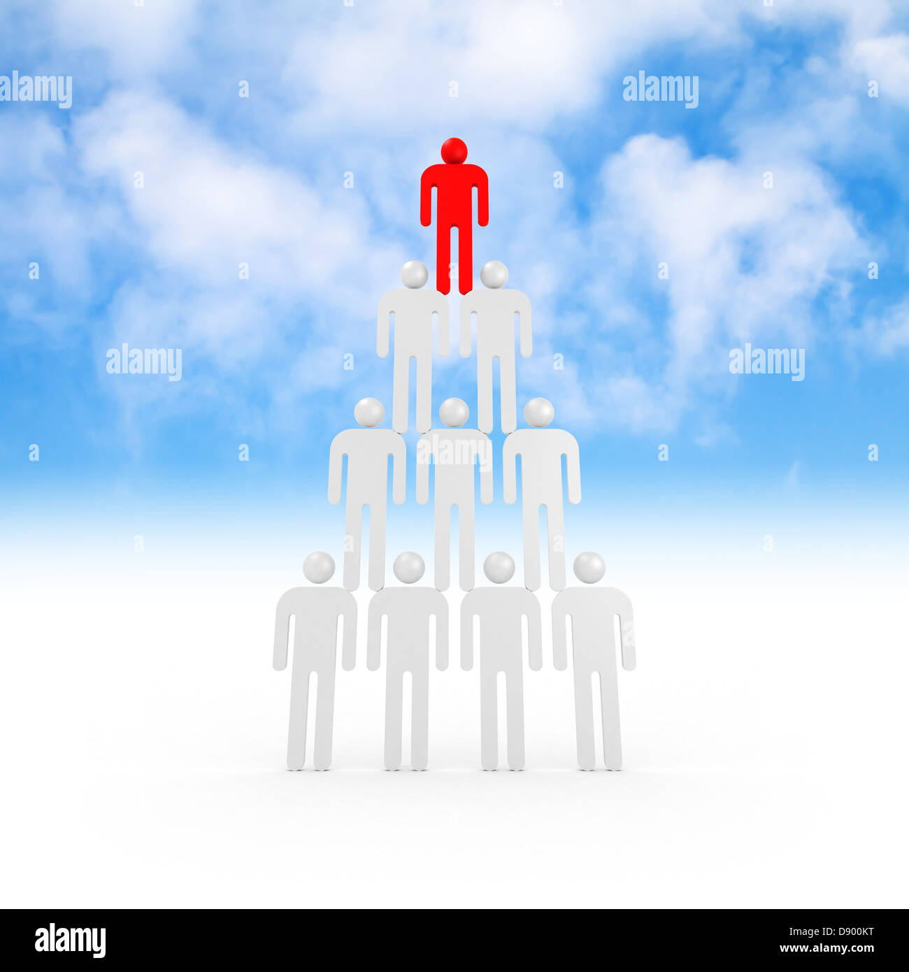 Pyramid of white abstract 3d people with one red leader on top with ...