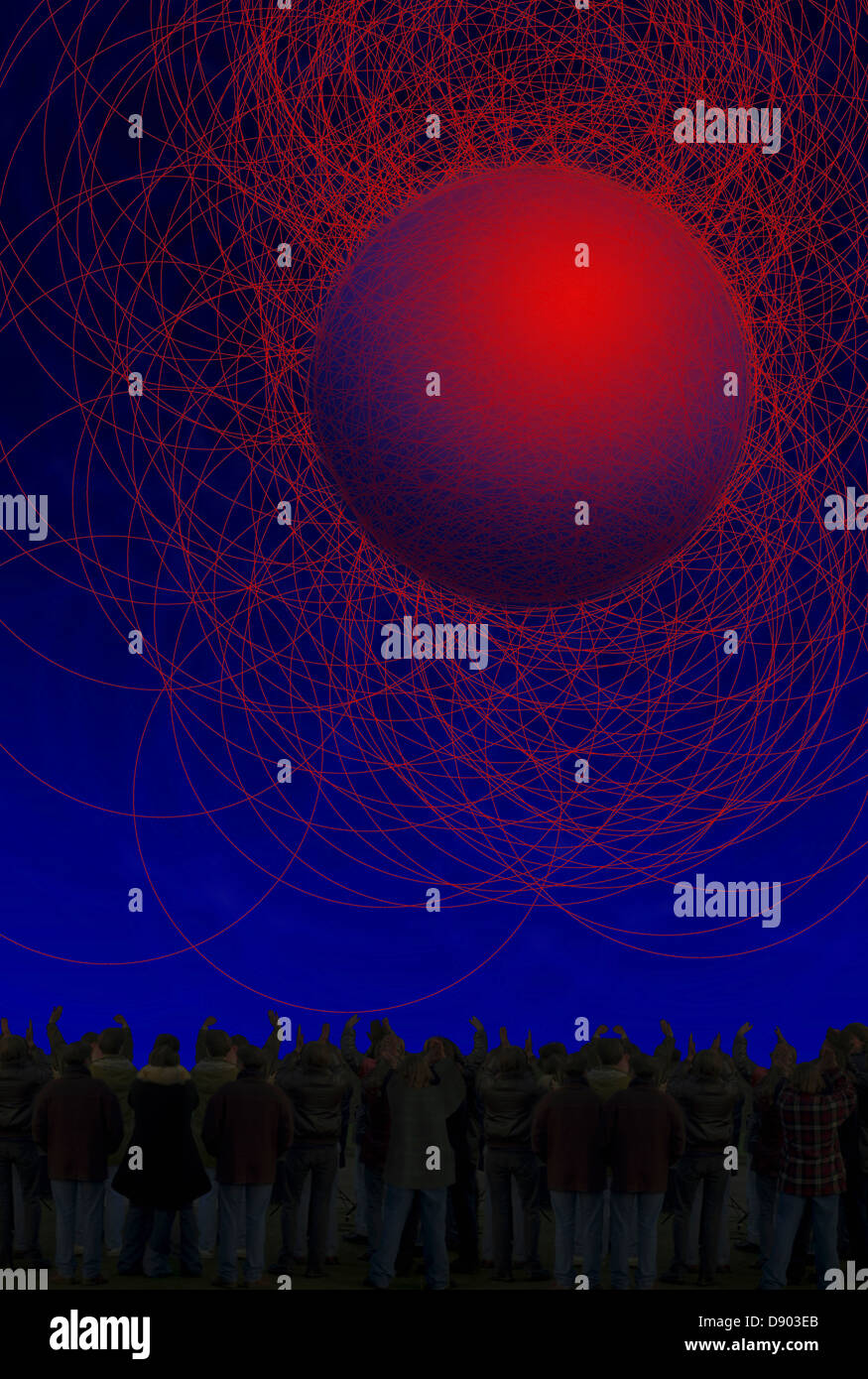 Glowing red ball planet above waving crowd looking on in amazement at ...