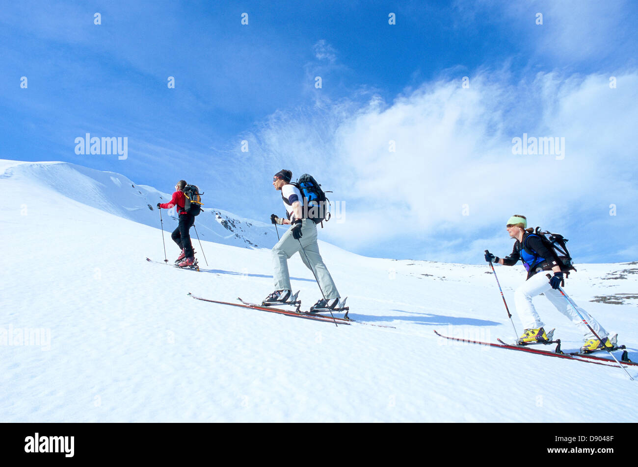 Three skiers going up the ski slope, Storulvan, Jamtland, Sweden Stock ...