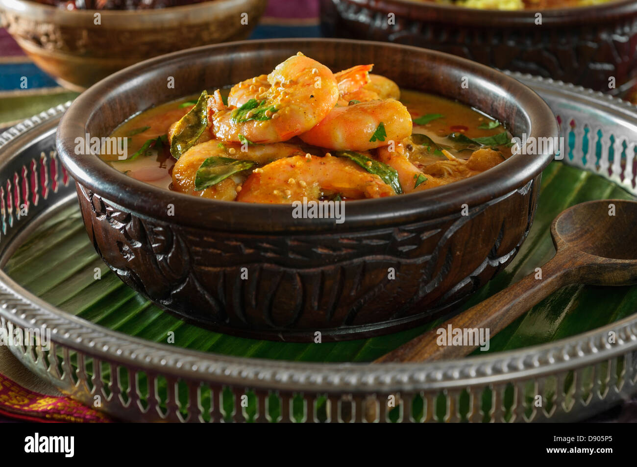 Chettinad prawn curry. Shrimp cooked with curry leaves, tamarind and ...