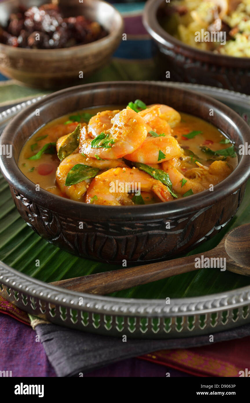 Chettinad prawn curry. Shrimp cooked with curry leaves, tamarind and ...