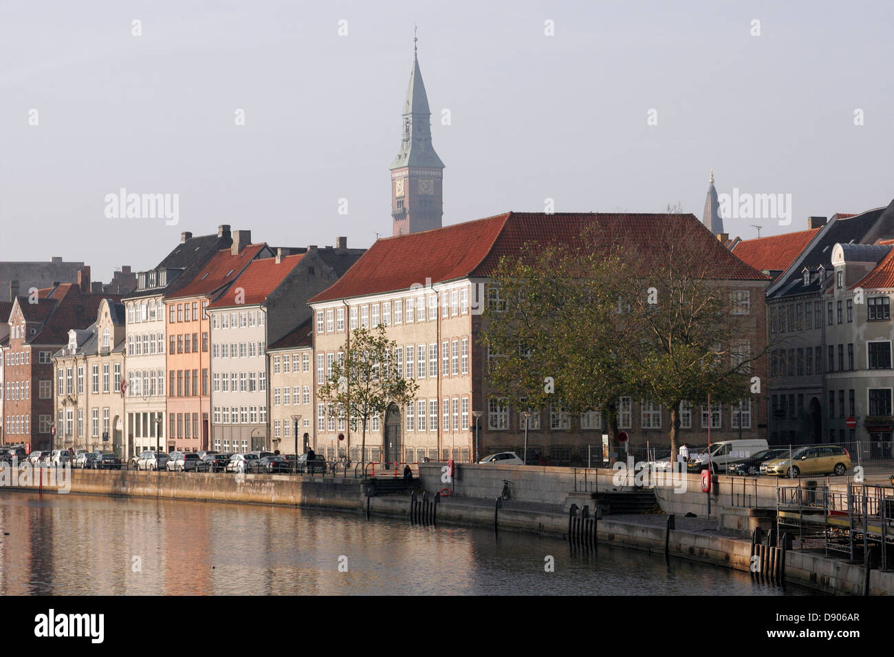One of Copenhagen canals with Radhus (City Hall) clock tower on the ...
