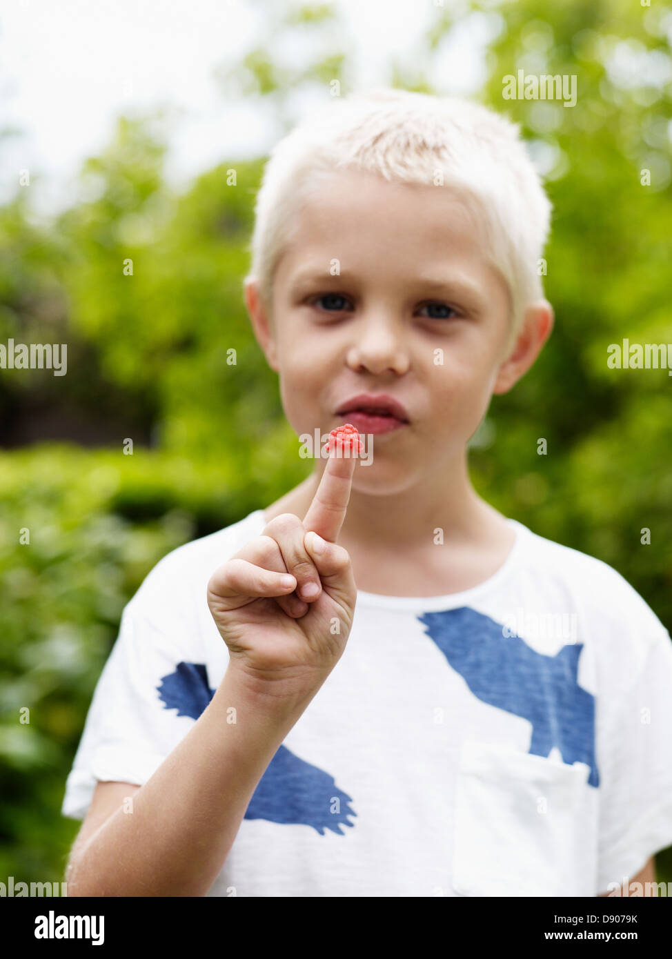 Portrait of boy with raspberry on finger Stock Photo - Alamy