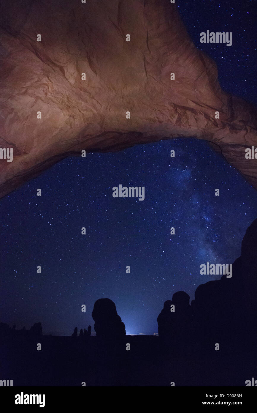 USA, Utah, Moab, Arches National Park, Double Arch and Milky Way Stock ...