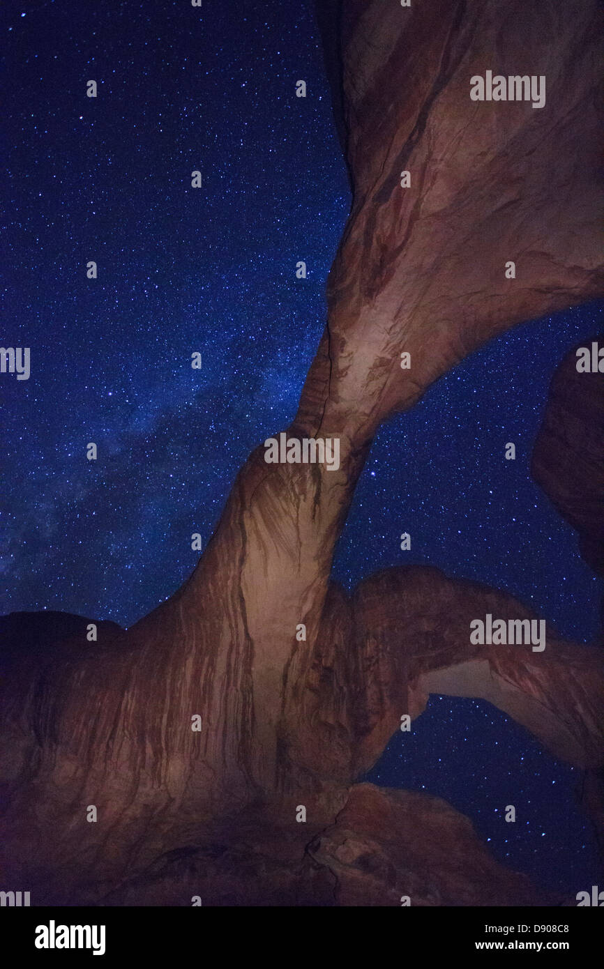 USA, Utah, Moab, Arches National Park, Double Arch and Milky Way Stock ...