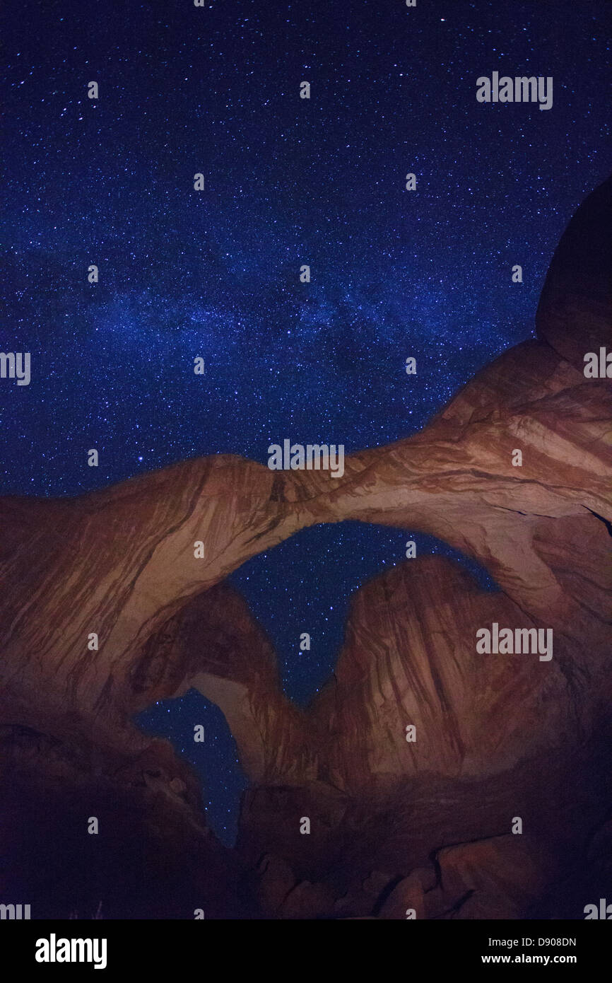 USA, Utah, Moab, Arches National Park, Double Arch and Milky Way Stock ...
