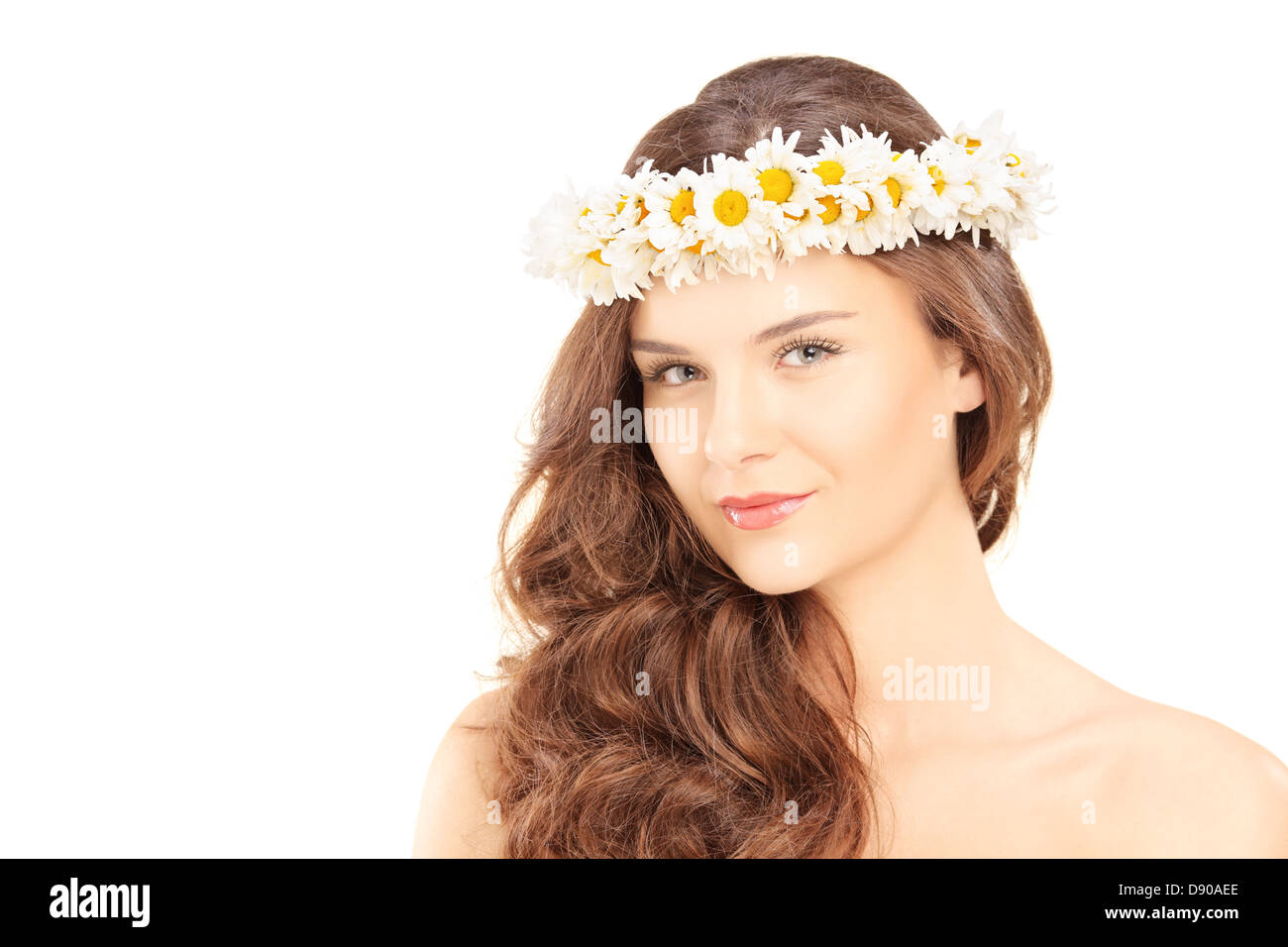 Beautiful young woman with a daisy hair wreath isolated on white ...