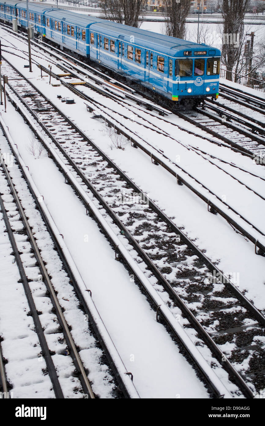 Subway on a snowy railway, Stockholm, Sweden Stock Photo - Alamy