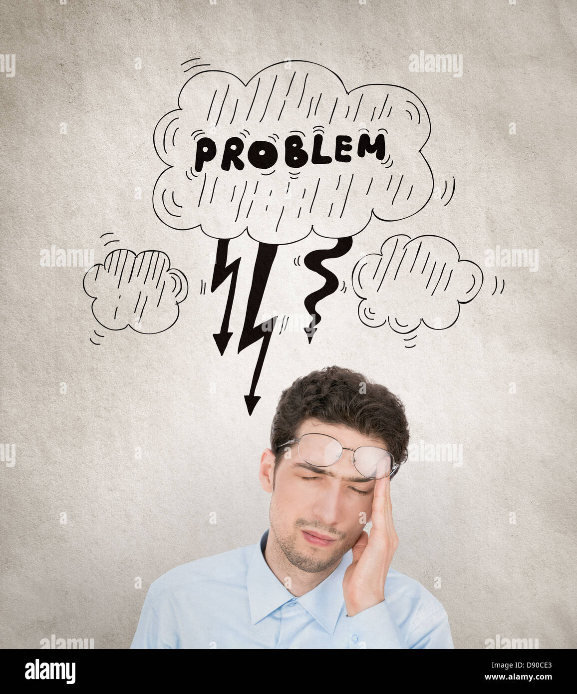 Concept image of handsome young businessman, who has a problem with lot ...