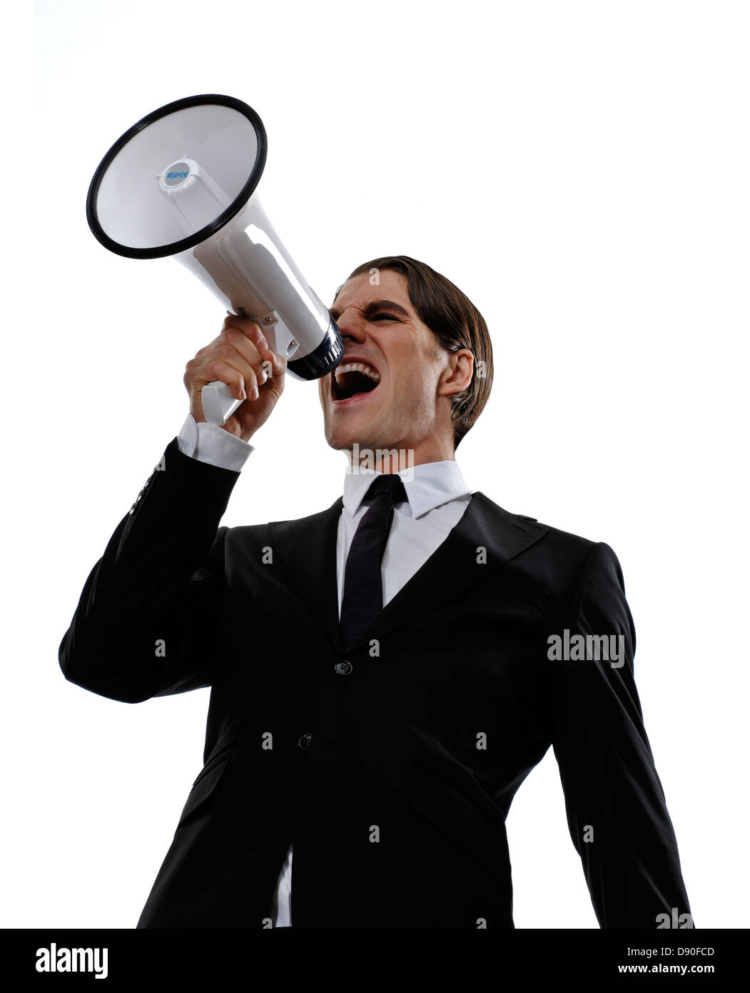 A man in a suit screaming in a megaphone, Sweden Stock Photo - Alamy