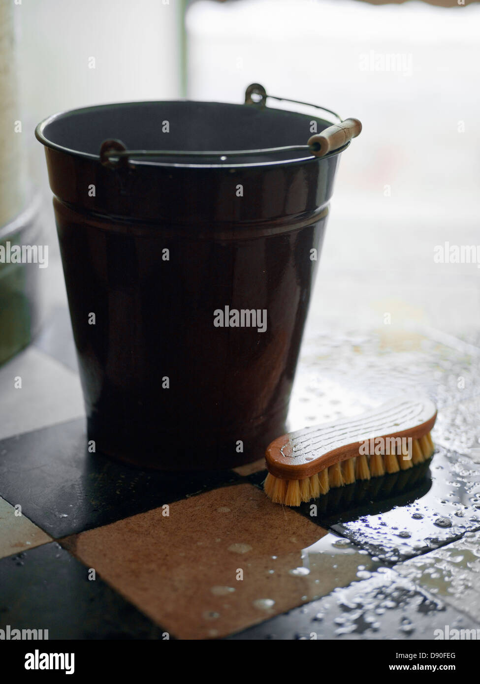 A bucket and a scrub-brush on a floor, Sweden Stock Photo - Alamy