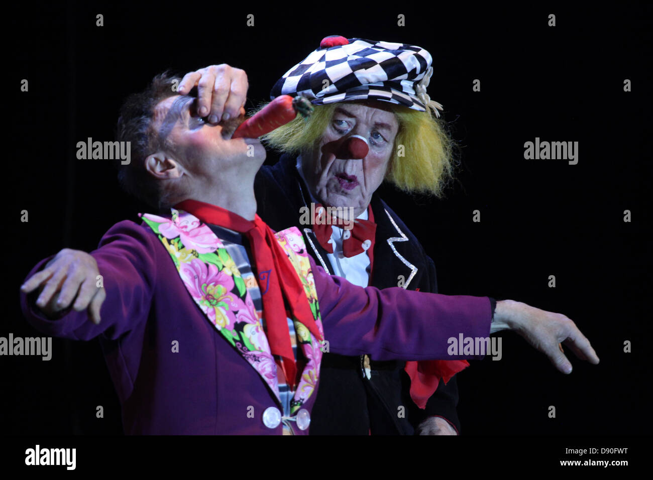Famous Russian clown Oleg Popov (R) performs with his partner Vladimir ...