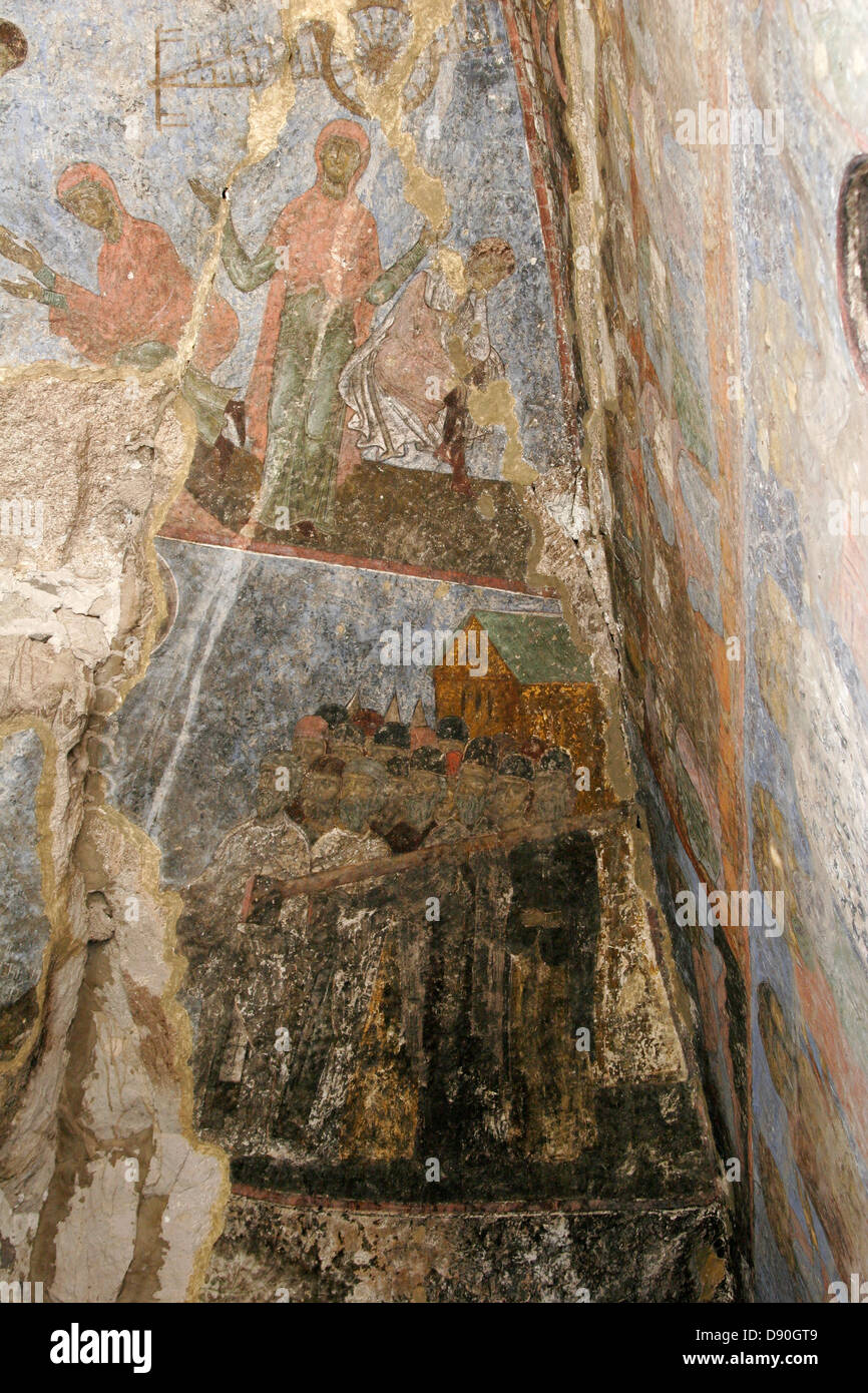 Colorful frescoes inside the church of cave monastery, cave city of ...