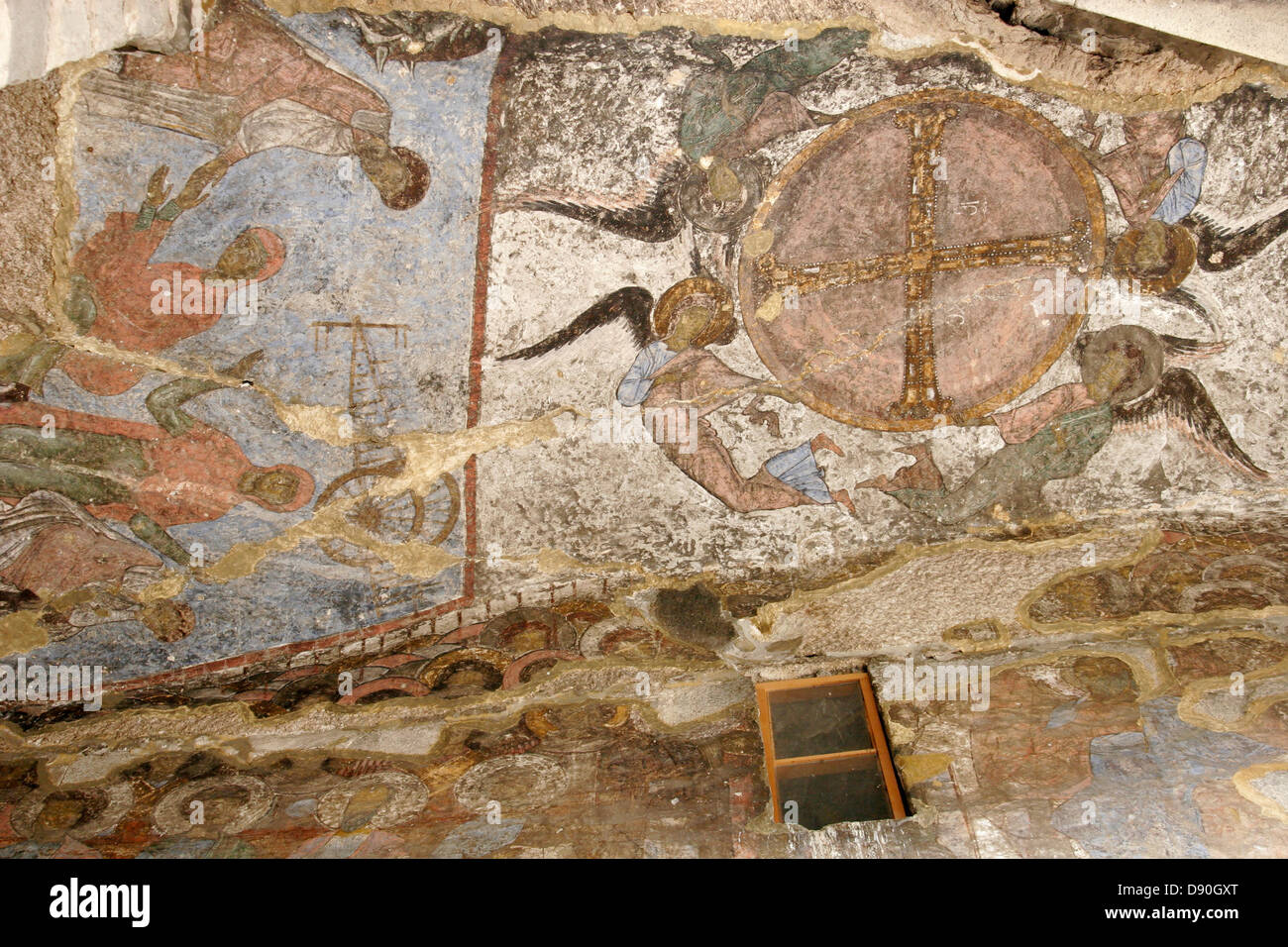 Colorful frescoes inside the church of cave monastery, cave city of ...