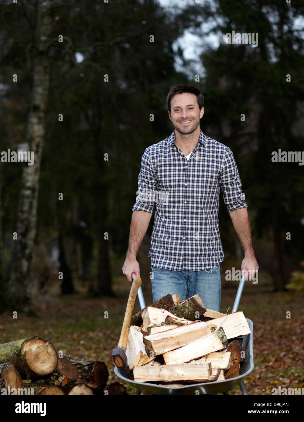 Man pushing wheelbarrow with full of firewood, smiling, portrait Stock ...