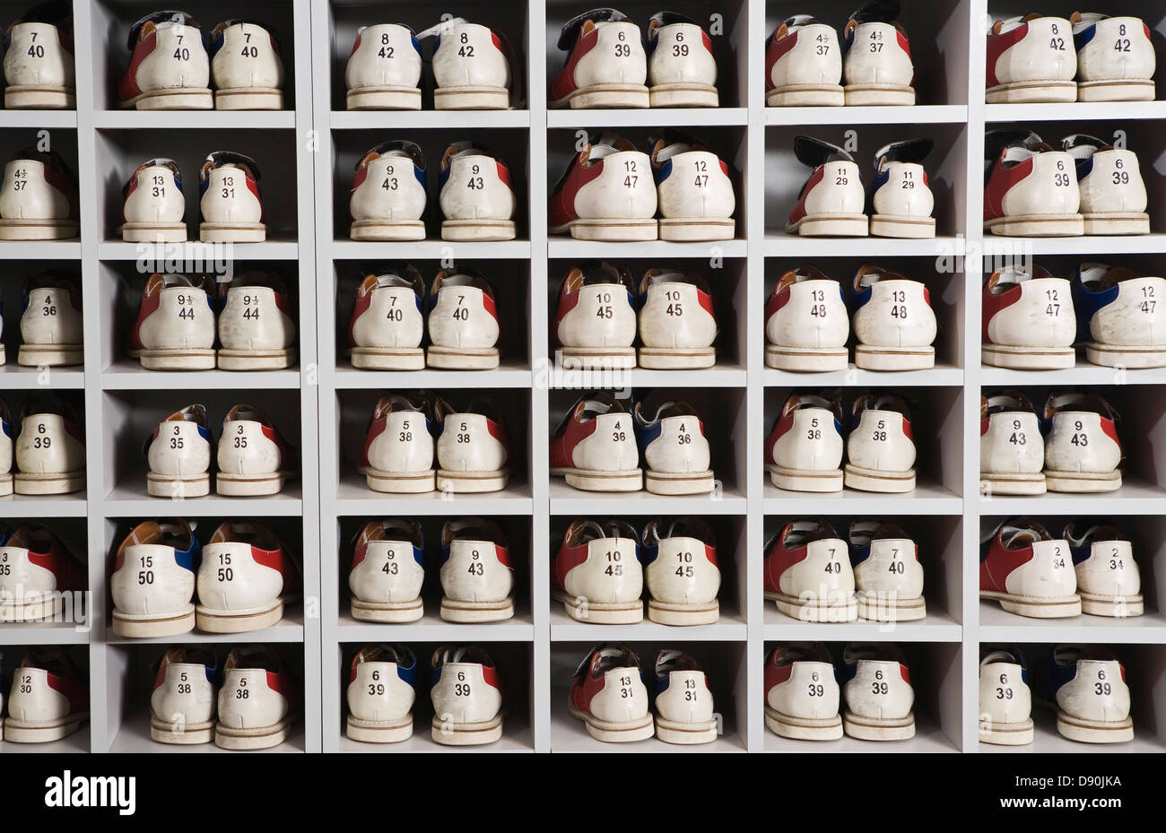 Shoes on shelves in a bowling alley Stock Photo - Alamy