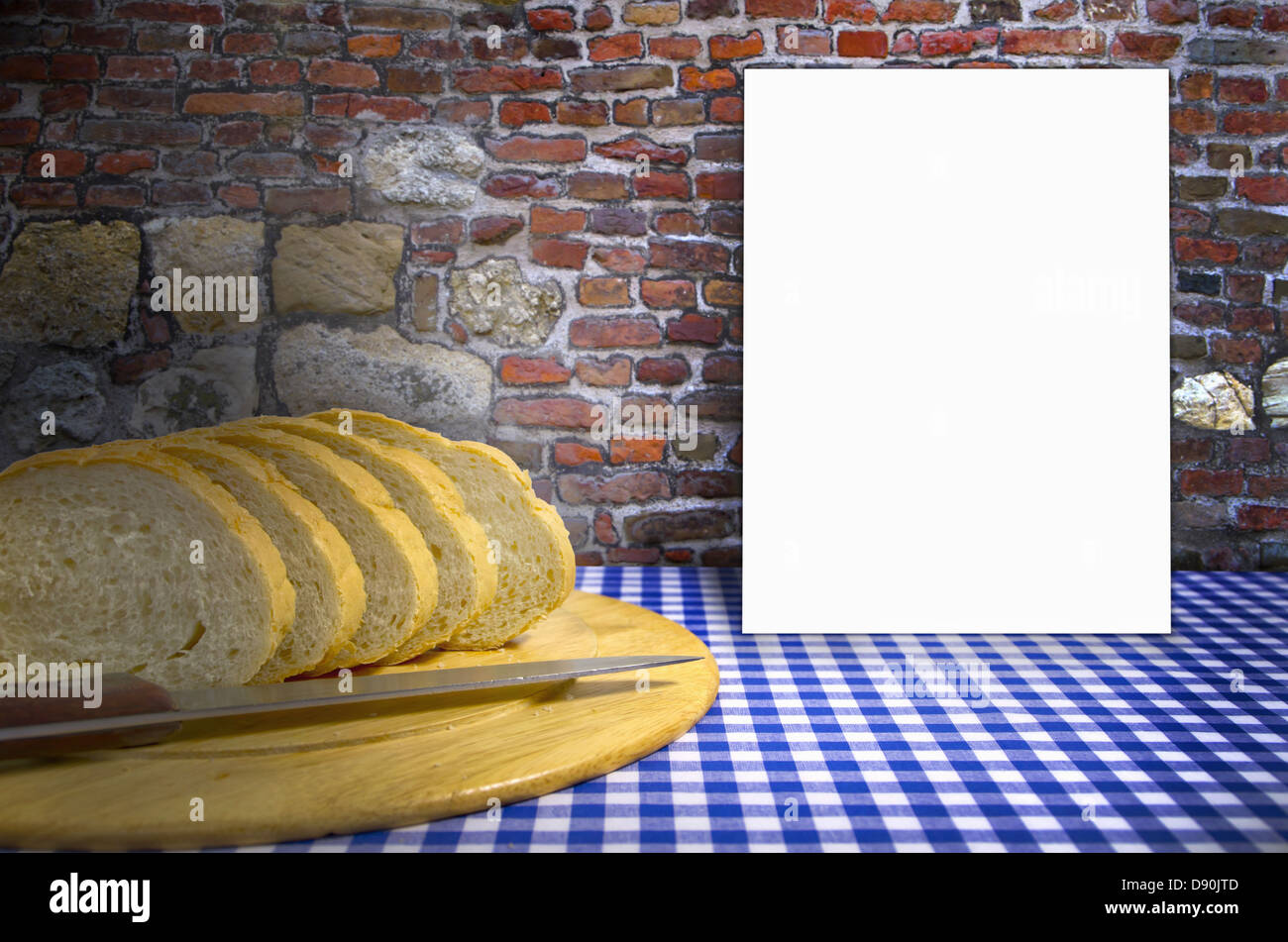 Sliced Bread on checkered table texture with blank menu Stock Photo - Alamy