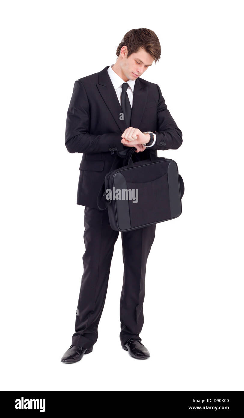 young businessman looking at watch, isolated on white Stock Photo - Alamy
