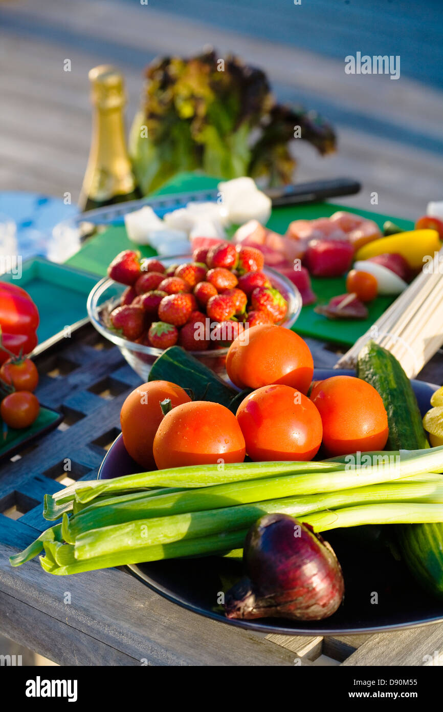 Vegetables and fruits on table Stock Photo - Alamy