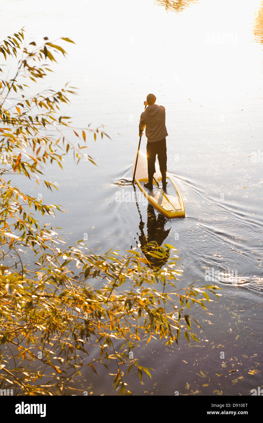 Man rowing paddle board in water Stock Photo - Alamy