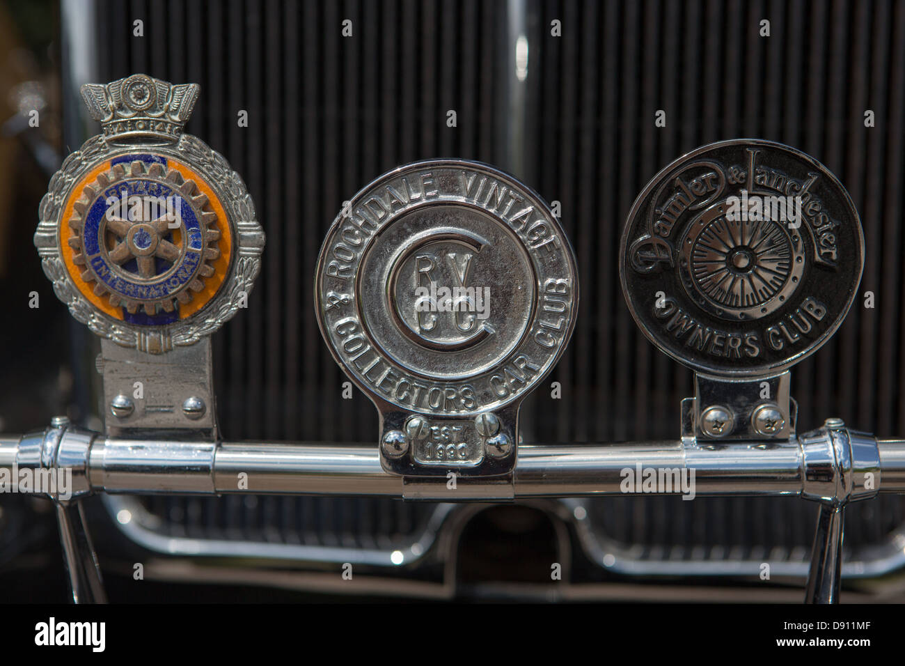 Car badges on the front of a Lanchester Vintage Car Stock Photo - Alamy