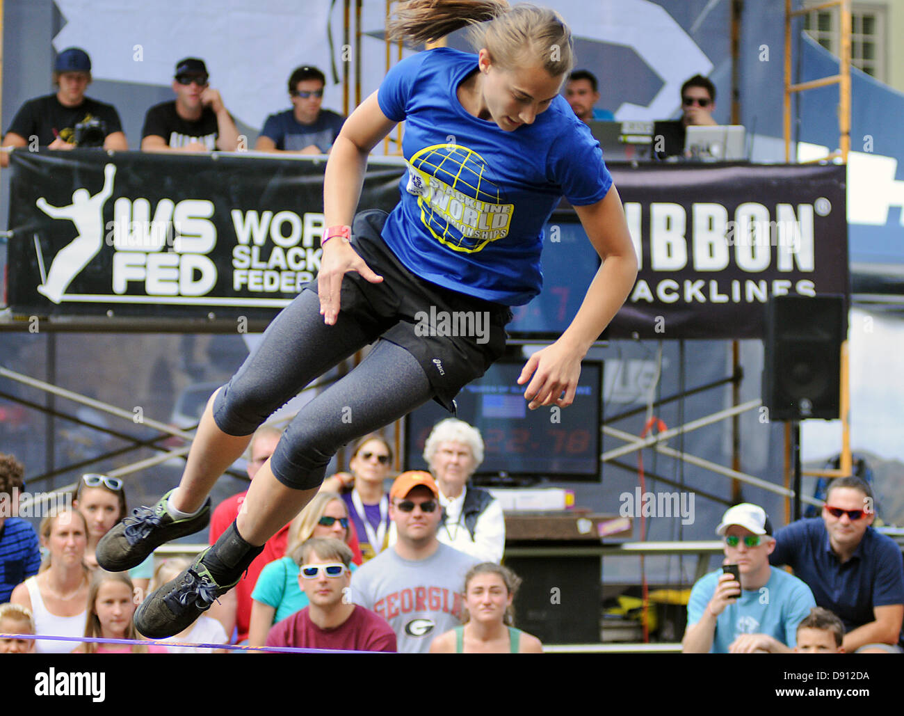 Colorado, USA. June 7, 2013: Slackline World Champion, Melissa Bowe ...