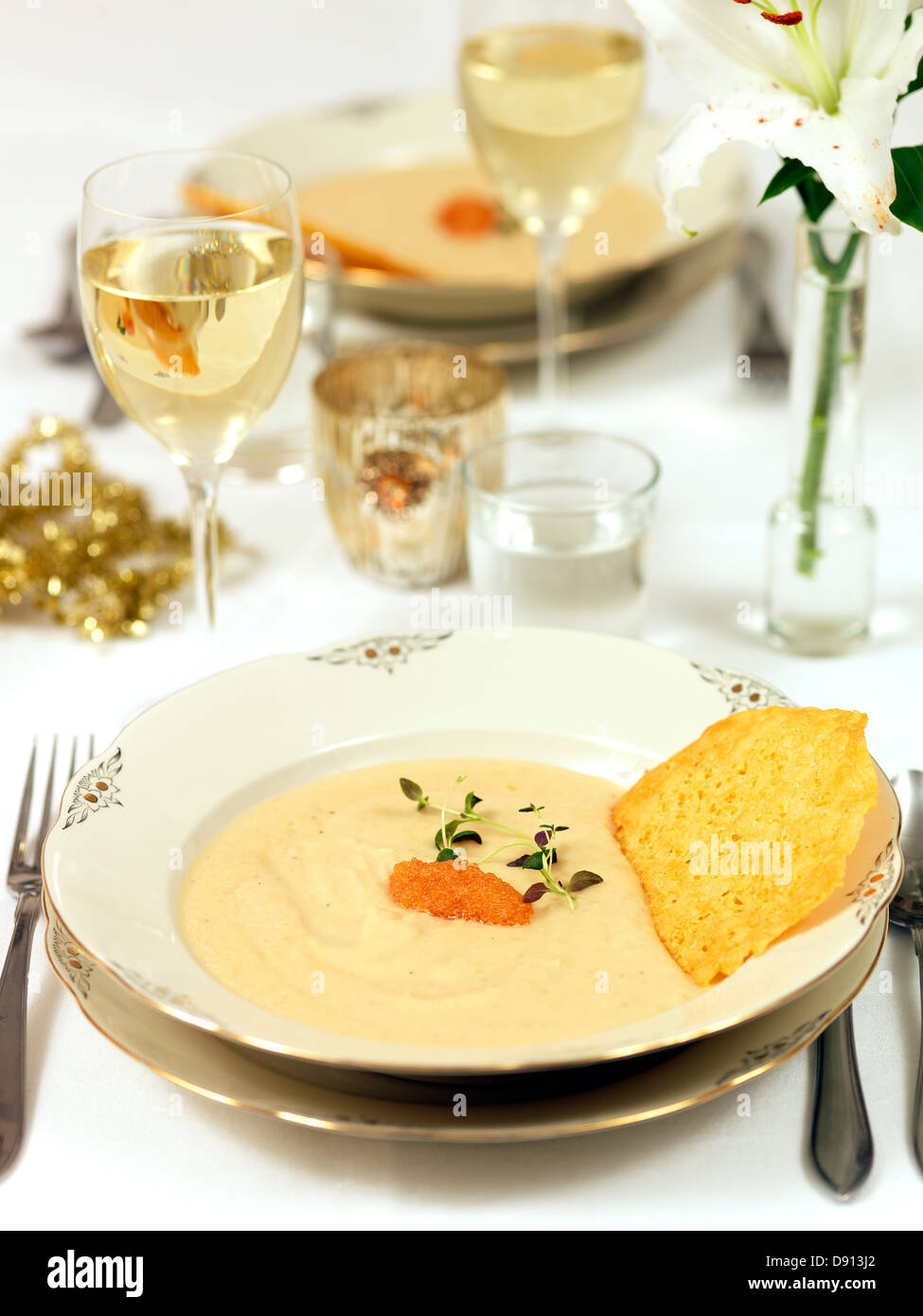 Ready to eat soup on table Stock Photo - Alamy