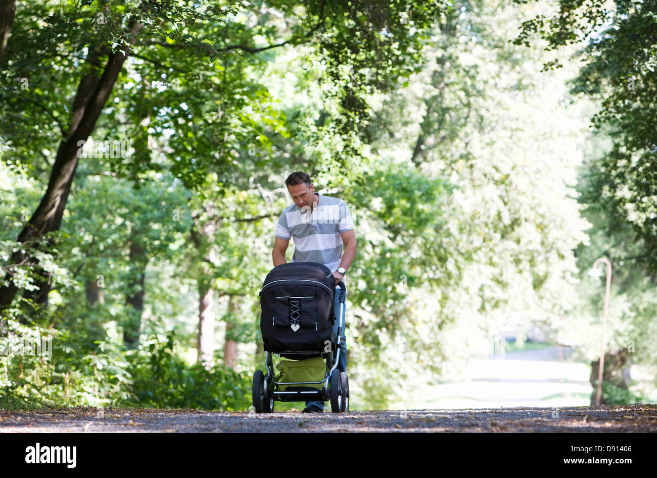 Father walking in a park with a pram a sunny day, Sweden Stock Photo ...