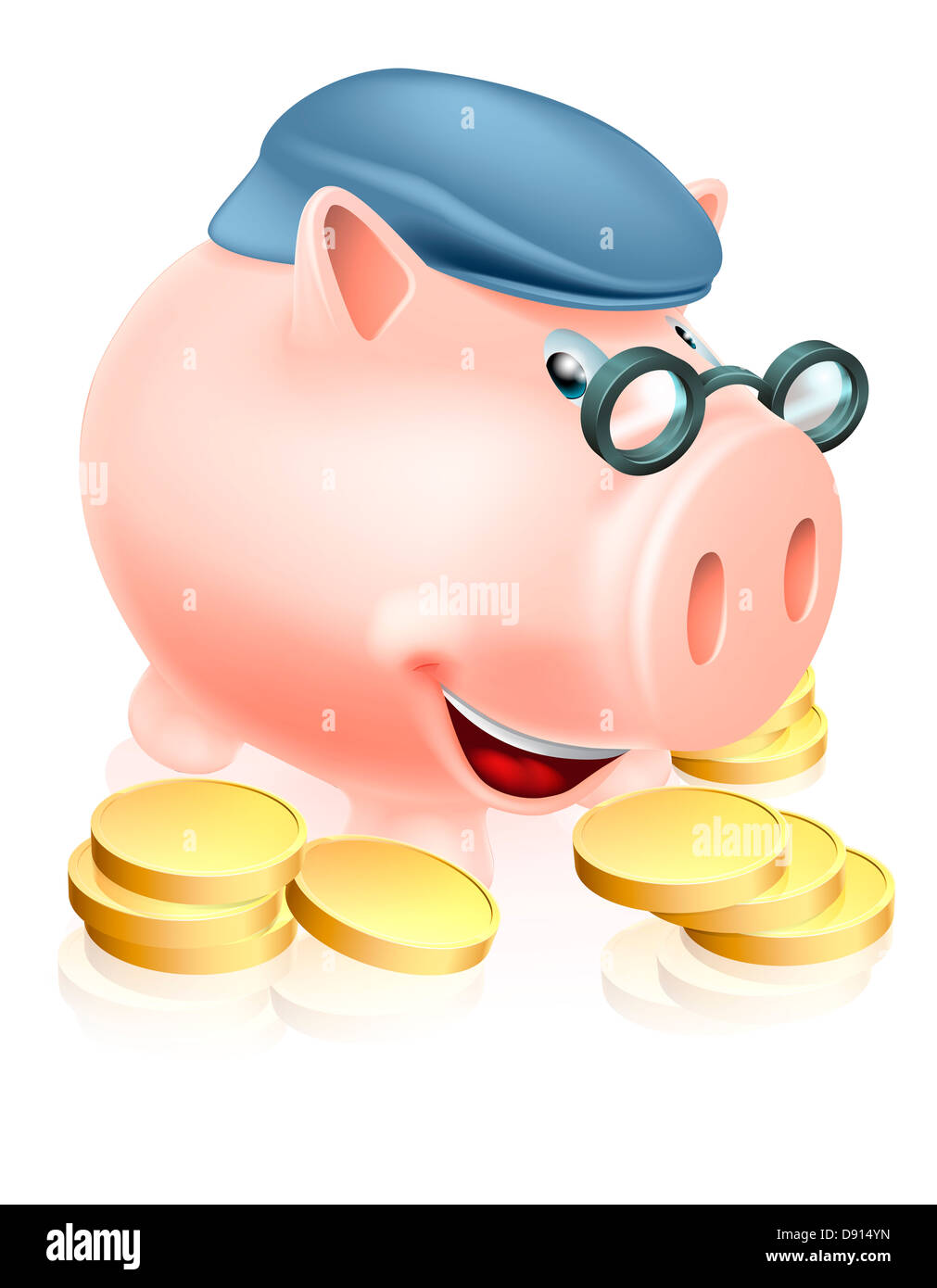 A happy senior piggy bank cartoon character smiling surrounded by coins ...