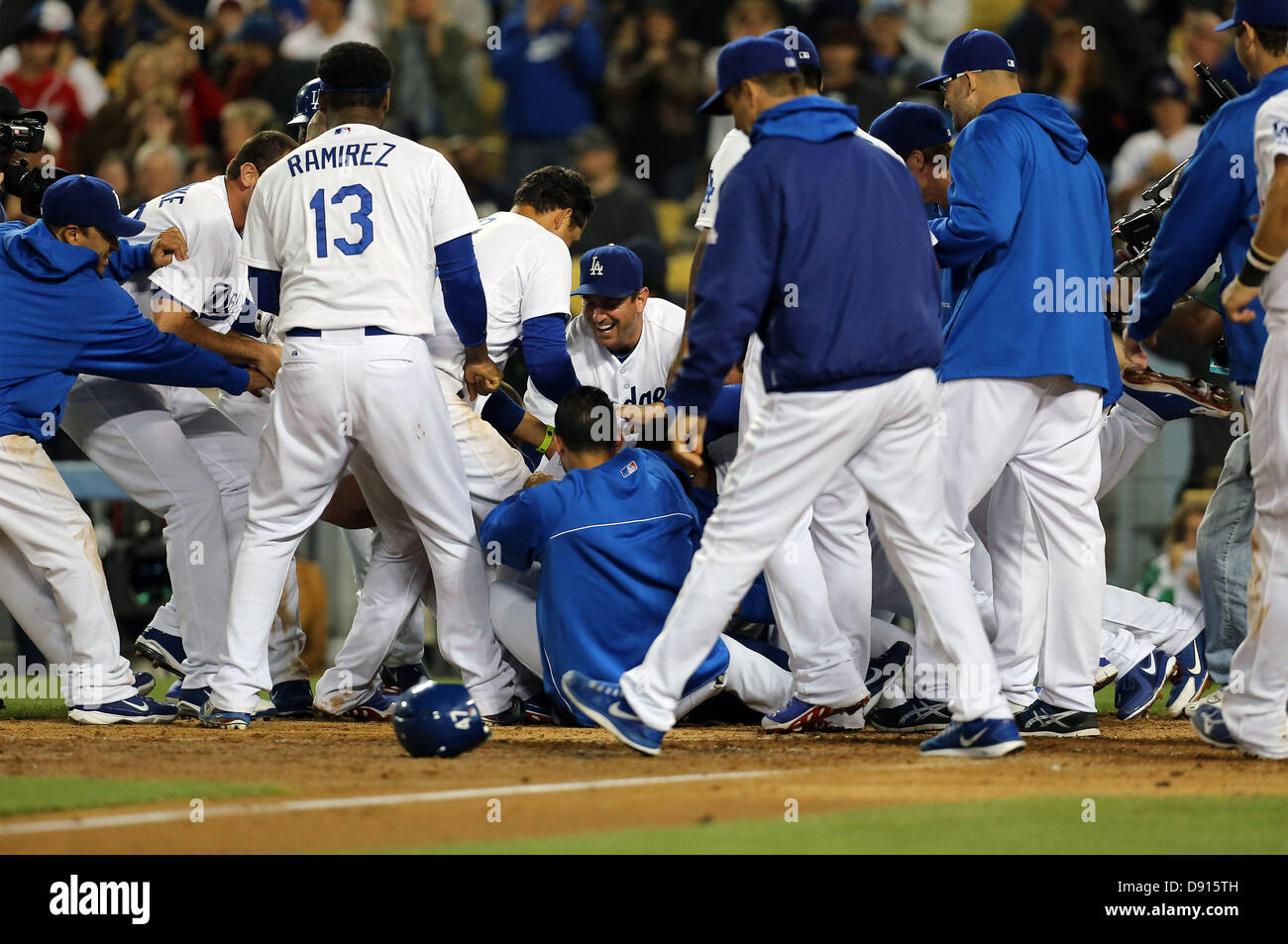 Los Angeles, California, USA. June 7, 2013. The Dodgers dog pile Los ...