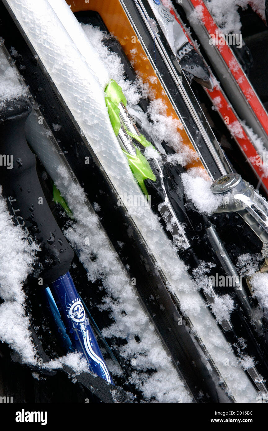 Snow on skis, close-up Stock Photo - Alamy