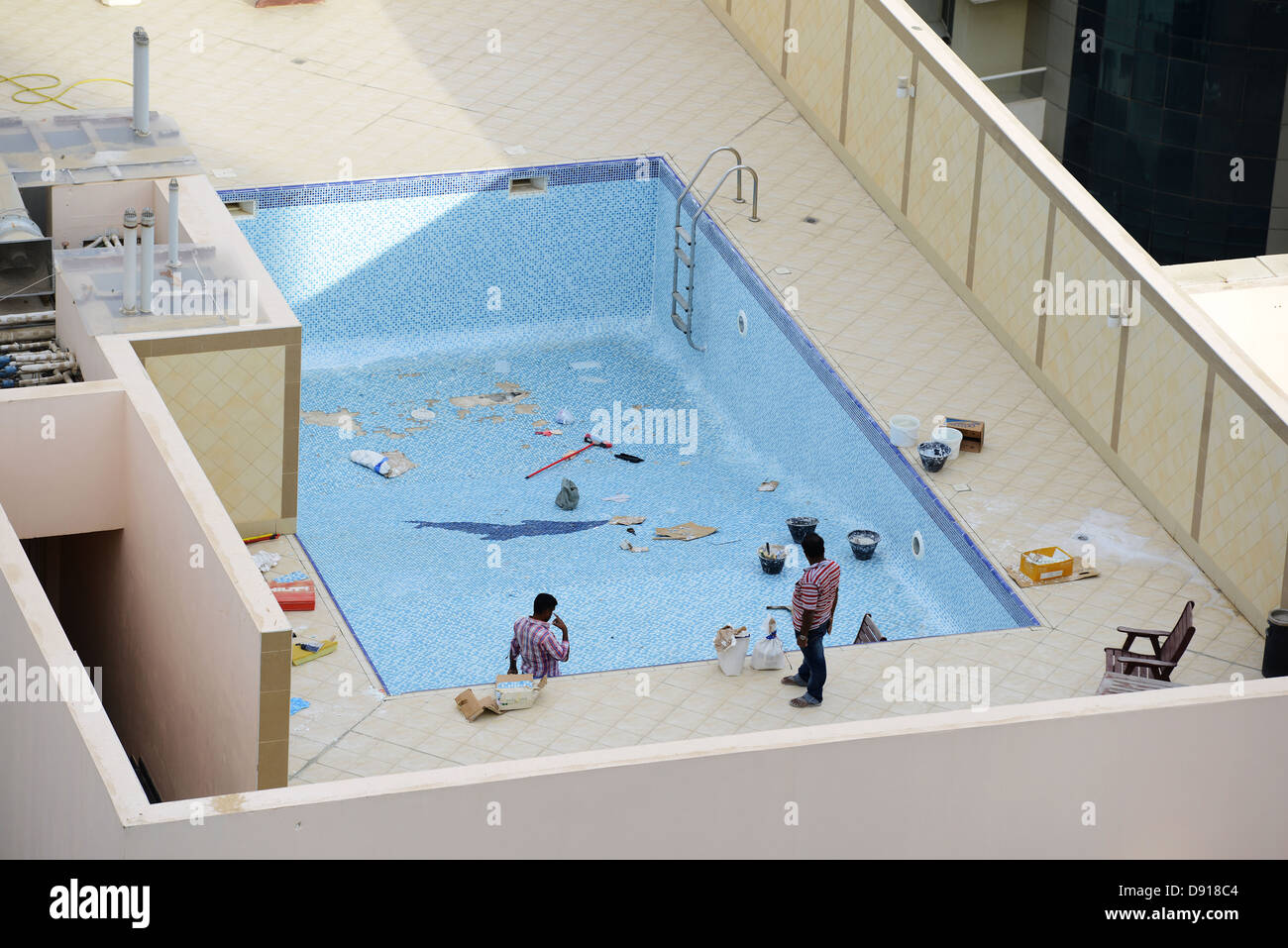 Swimming pool being repaired, rooftop pool, Dubai UAE United Arab ...