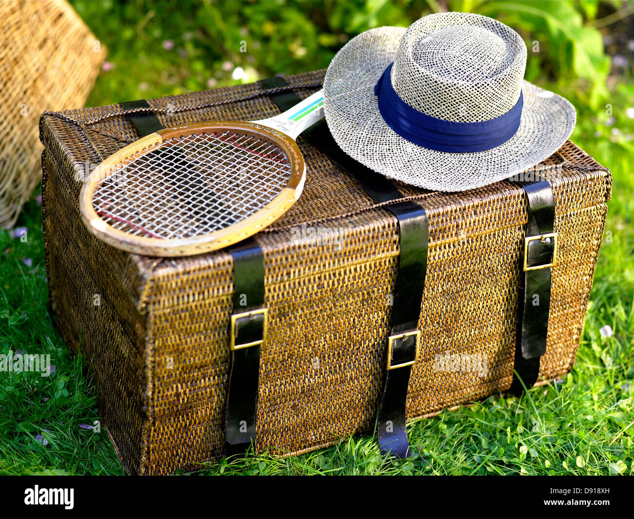 A hat, a tennis racket and a cane trunk, Sweden Stock Photo - Alamy