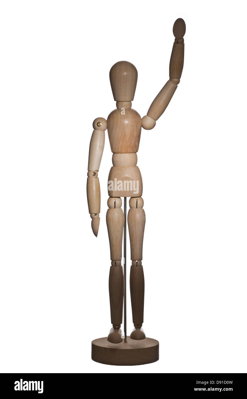 Figurine with hand raised against white background Stock Photo - Alamy