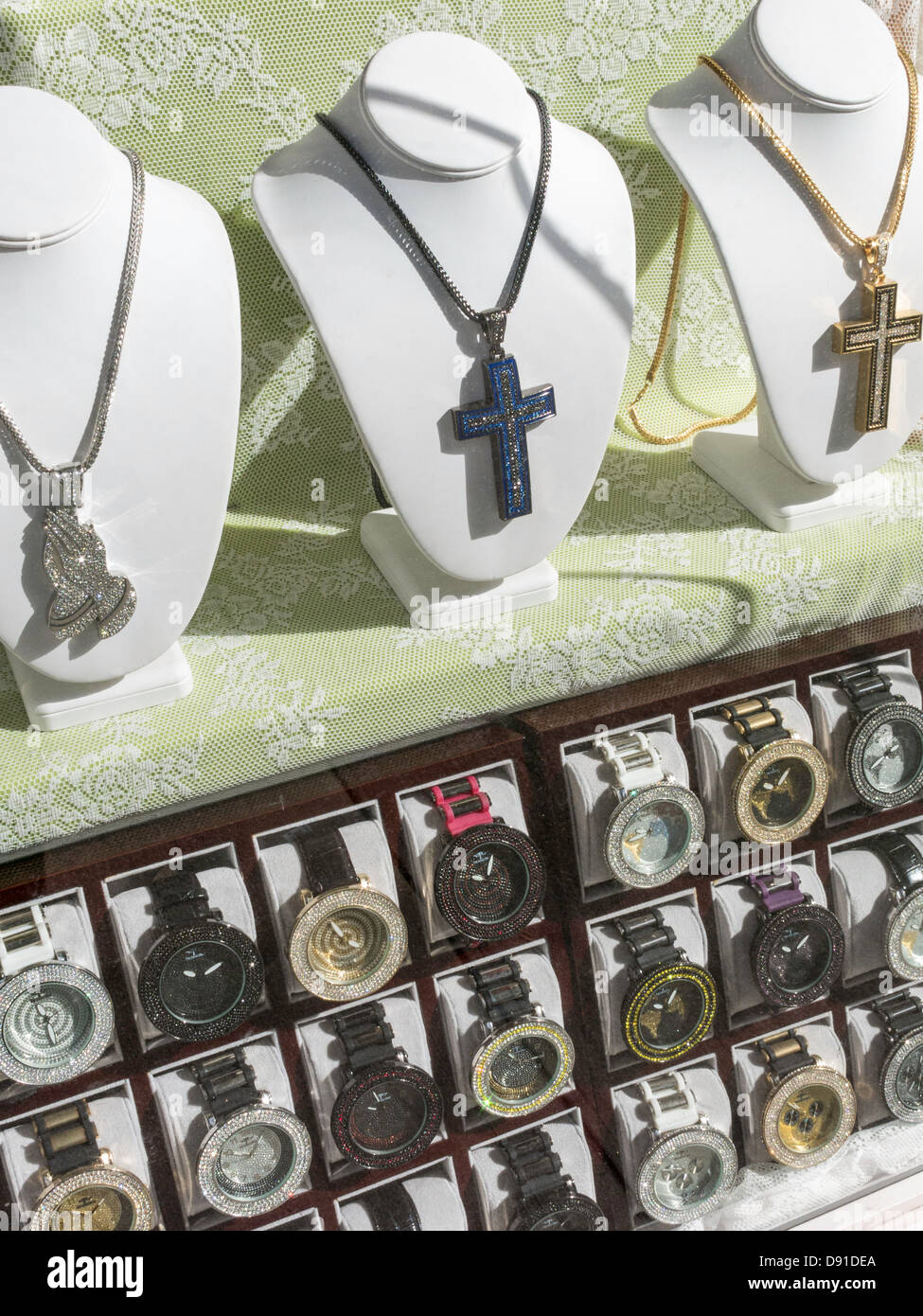 Hip Hop Jewelry on Display in Shop Window, Manhattan, NY Stock Photo ...