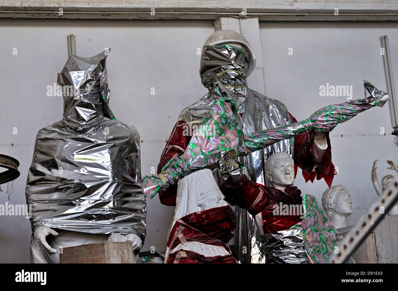 Statues wrapped in plastic at the abandoned house of sculptor Nikolaos ...