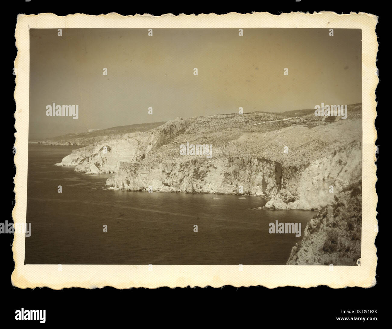 Old photograph of steep sea cliffs rocky headlands. Vintage style ...