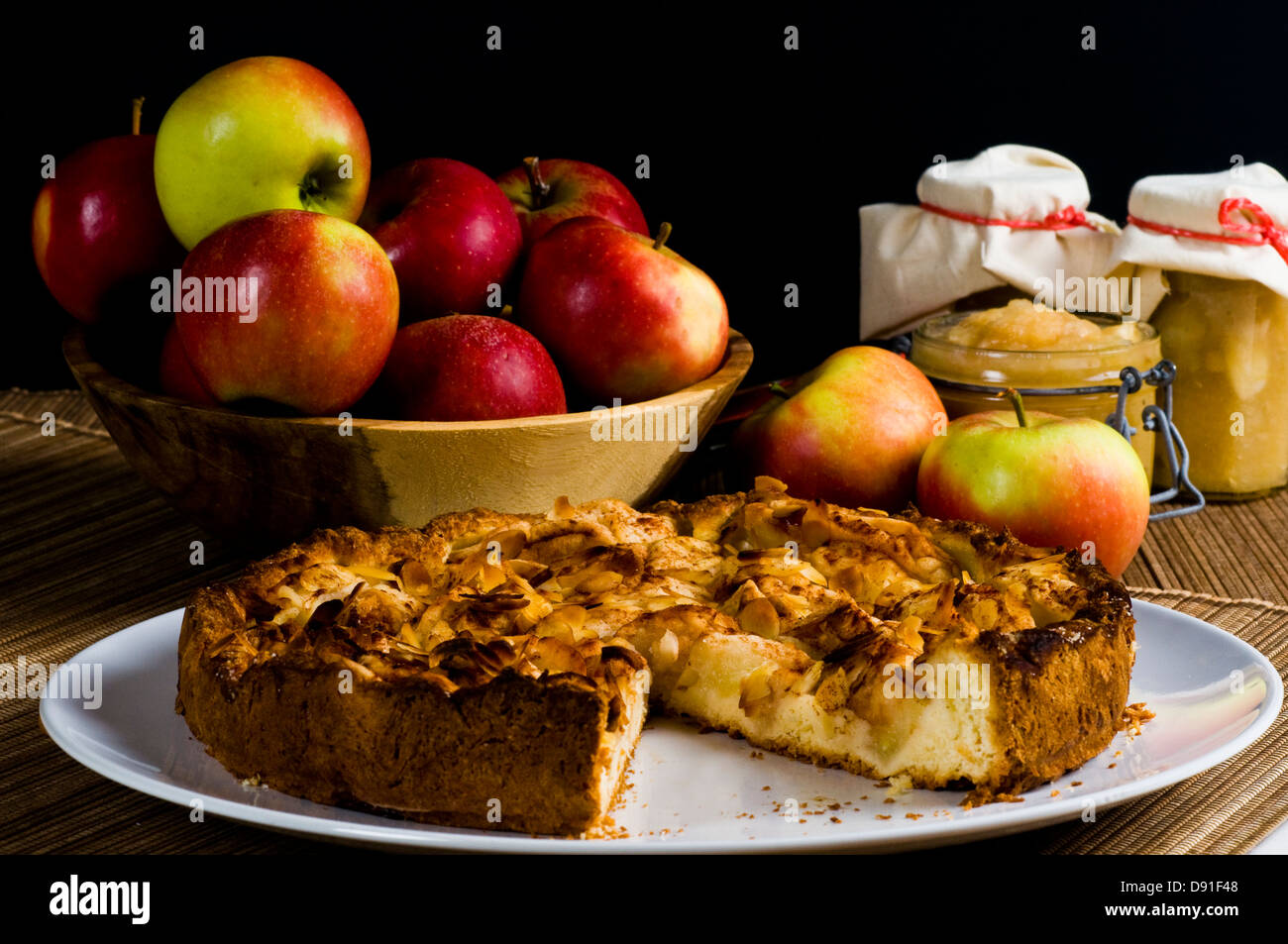 Still life with apple pie, apples and apple compote Stock Photo - Alamy