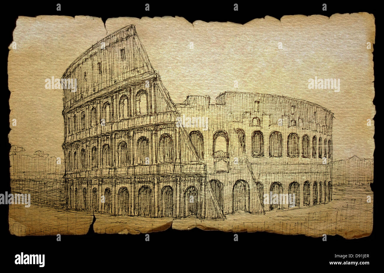 Colosseum painted by ink on old paper, isolated on black Stock Photo ...