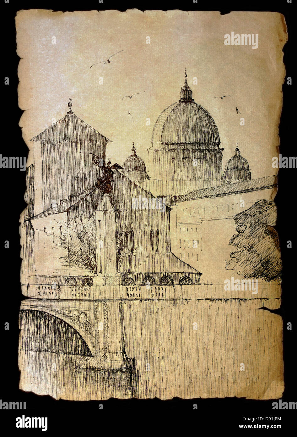 Basilica San Pietro in Rome, Italy painted on vintage old paper ...