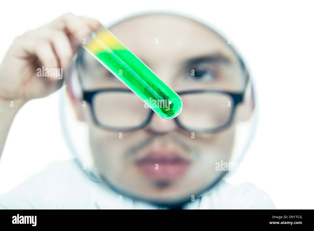 Scientist face through magnifying glass exploring test tube, isolated ...