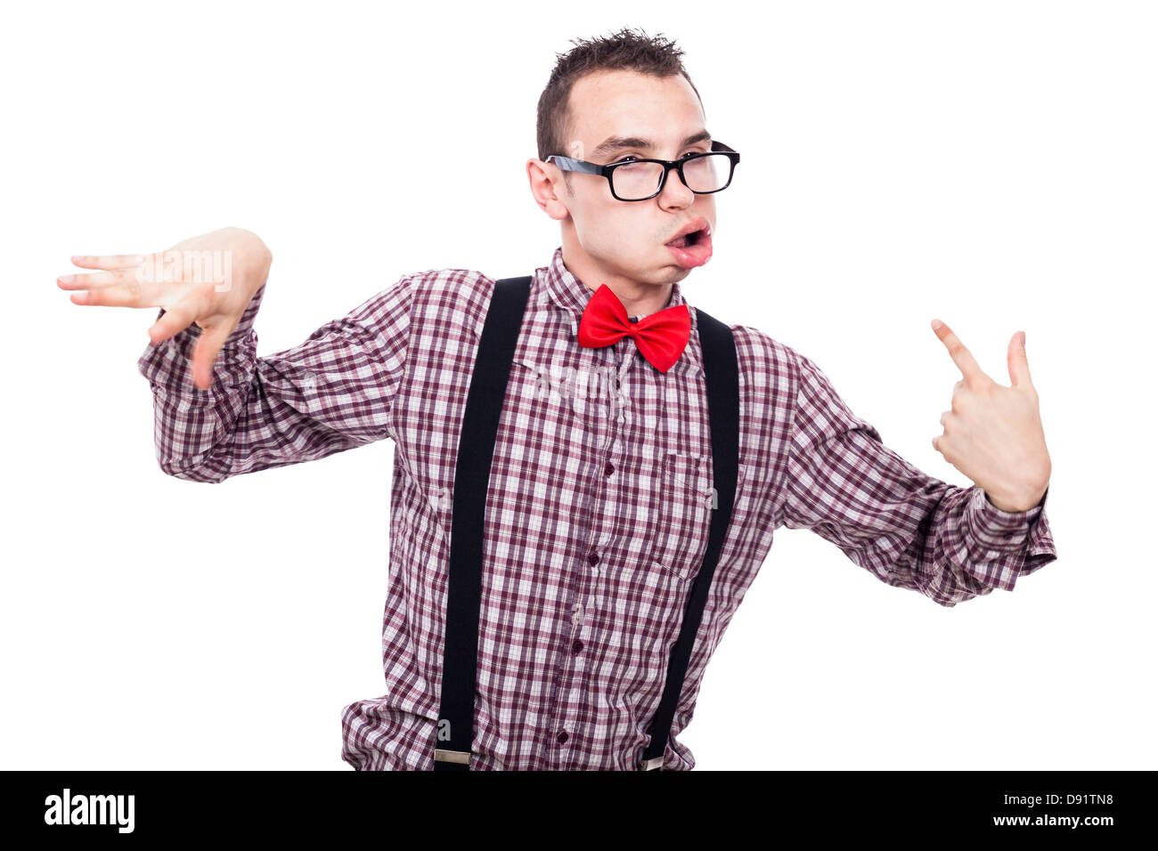 Crazy nerd man making funny faces, isolated on white background Stock ...