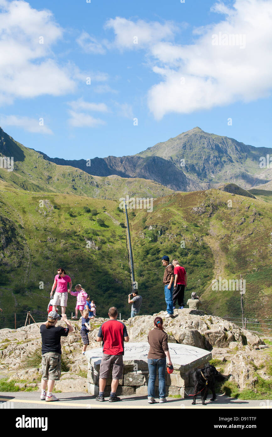 Visitors take in the view and look at the relief map of mount Snowdon ...